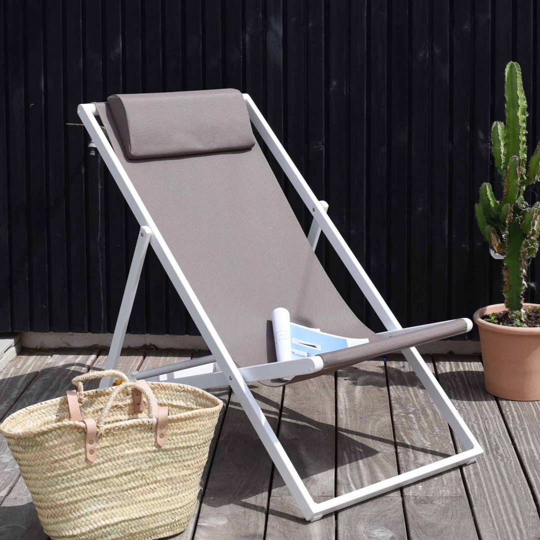 Transat pliant toile taupe pour adulte en aluminium